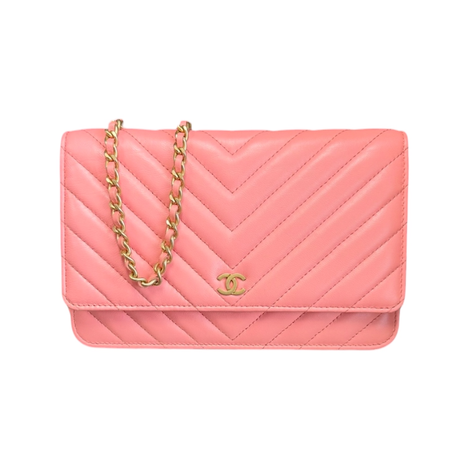 Shop Chanel Peach Chevron Wallet on Chain Handbag